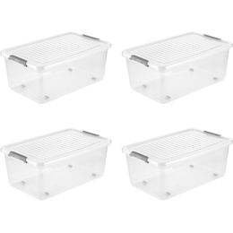 Aufbewahrungsbox keeeper "Clipbox Leo (Set 4 St.) 37 L, 59 x 38 x 24 cm", transparent, B:59cm H:24cm T:38cm, Kunststoff, Aufbewahrungsboxen, Aufbewahrungsbox, Schanierclips, Doppelöffnung, 90 drehbare Räder, fixierbarer Deckel