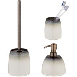 Schöner Wohnen Kollektion Badaccessoire-Set "»Osteto«", beige, glänzend, Edelstahl, Keramik, SCHÖNER WOHNEN-KOLLEKTION, Badaccessoires-Sets, aus Keramik, mit Zahnputzbecher, Seifenspender und WC-Garnitur