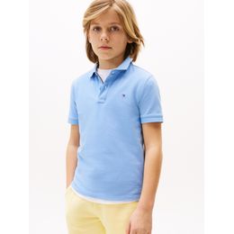 Poloshirt Tommy Hilfiger "FLAG POLO SS", Mädchen, Gr. 7 (122), blau (cloudy blau), Single Jersey, Obermaterial: 100% Baumwolle, unifarben, regular fit, eingesetzt Rippbündchen, Shirts, mit Logostickerei