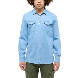 Langarmhemd Mustang "Style Duver", Herren, Gr. XL, N-Gr, blau (super bleach), Web, Obermaterial: 100% Baumwolle, regular fit h&uuml;ftbedeckend, Rundhals, Hemden, Jeansoptik mit aufgesetzten Brusttaschen