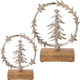 Dekoobjekt CREATIV DECO "LUMEN, Deko mit Beleuchtung, Kranz mit Tannenbaum", silber (silberfarben), B:16cm H:23cm T:5cm, Metall, Dekofiguren, Weihnachtsdeko, Batteriebetrieb