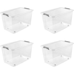 Aufbewahrungsbox keeeper "Clipbox Leo (Set 4 St.) 56 L, 59 x 38 x 35,5 cm", transparent, B:59cm H:35,5cm T:38cm, Kunststoff, Aufbewahrungsboxen, Aufbewahrungsbox, Schanierclips, Doppelöffnung, 90 drehbare Räder, fixierbarer Deckel