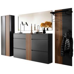 Moderano Garderobe, Anthrazit, Nussbaum, Holz, Holzwerkstoff, 4-teilig, Kernnussbaum, furniert, 310x200x30 cm, Garderobe, Garderoben-Sets & Serien, Garderoben-Sets