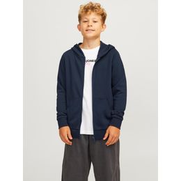 Jack & Jones Sweatjacke JACK & JONES JUNIOR "JJEBRADLEY kombinierbar, mit Kapuze, pflegeleicht", Jungen, Gr. 140, blau (navy blazer), angeraute Sweatware, Obermaterial: 61% Polyester, 39% Baumwolle, unifarben, Basic, regular fit normal, ohne Ausschnitt, eingesetzt Rippbündchen, Sweatjacken Sweatjacke, unifarben, casual, regular fit, Sweatware, Kapuze