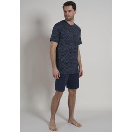 Shorty Bugatti, Herren, Gr. 52, blau (blau, dunkel, allover), Single Jersey, Obermaterial: 100% Baumwolle, gemustert, schmal kurz, Rundhals, Homewear-Sets Shorty, Rundhalsausschnitt, Kurzarm, kurze Hose, weich, bequem, atmungsaktiv