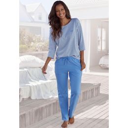 H.I.S. Pyjama H.I.S, Damen, Gr. 32/34, blau, Single Jersey, Obermaterial: 95% Baumwolle, 5% Elasthan, bestickt, gestreift, Basic, loose fit lang, Rundhals, Homewear-Sets Pyjama, mit Logostickerei auf der Brust