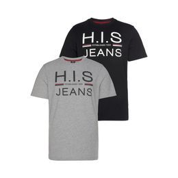 H.I.S. Rundhalsshirt H.I.S, Herren, Gr. L (52/54), schwarz (schwarz, grau, meliert), Single Jersey, Obermaterial: 100% Baumwolle. Obermaterial Melange: 90% Baumwolle, 10% Viskose, bedruckt, schmal, Rundhals, Shirts Rundhalsshirt, schmal geschnitten, bedrucktes Design, Rundhals, aus Baumwolle