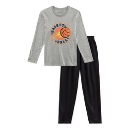 Pyjama AUTHENTIC LE JOGGER, Jungen, Gr. 122/128, grau (grau meliert, schwarz), Jersey, Obermaterial: 100% Baumwolle, meliert, unifarben, Basic, bequem lang, Rundhals, abgesteppte Kante, Homewear-Sets Pyjama, Schlafanzug mit Basketball-Aufdruck