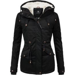 Winterjacke Marikoo "Manolya", Damen, Gr. M (38), schwarz, Oberstoff: 100% Baumwolle; Futter: 100% Polyester; Wattierung: 100% Polyester; &Auml;rmelfutter: 100% Polyester, figurbetont Po-bedeckend, hoch geschlossener Ausschnitt, &Auml;rmel ohne &Auml;rmelschlitz Rippstrickb&uuml;ndchen mit Druckknopf, Jacken Winterjacke, stylischer Kurzmantel mit weichem Teddyfell-Futter, Topseller