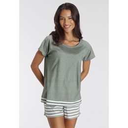 Shorty Vivance Dreams, Damen, Gr. 32/34, gr&uuml;n (khaki geringelt), Single Jersey, Obermaterial: 50% Baumwolle, 50% Polyester, Basic kurz, Rundhals, Raglan&auml;rmel, Homewear-Sets Shorty, mit Streifen-Details