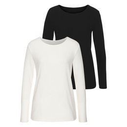 Langarmshirt Vivance "mit modischer Rippstruktur", Damen, Gr. 32/34, schwarz (schwarz, creme), Rippware, Obermaterial: 63% Polyester (REPREVE), 34% Viskose, 3% Elasthan, Strukturmuster, unifarben, Basic, figurumspielend, Rundhals, Shirts Langarmshirt, aus weichfließender Qualität mit Viskose