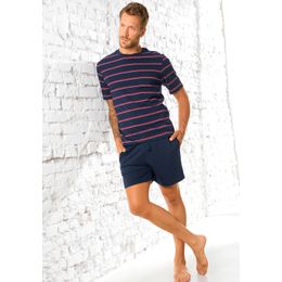 H.I.S. Pyjama H.I.S, Herren, Gr. 44/46 (S), blau (navy), Single Jersey, Obermaterial: 60% Baumwolle, 40% Polyester, gestreift, Basic, bequem kurz, Rundhals, abgesteppte Kante, Homewear-Sets Pyjama, Schlafanzug mit garngefärbten Streifen