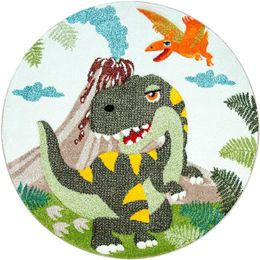 Paco Home Kinderteppich &raquo;Diamond 636&laquo; rund 18 mm H&ouml;he 3D-Design, Motiv Dinosaurier, Kinderzimmer gr&uuml;n Polypropylen (PP)