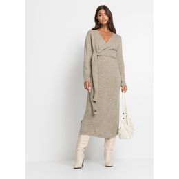 Strickkleid bonprix "Midi-Strickkleid", Damen, Gr. 36/38 (S), N-Gr, beige (beige meliert), Obermaterial: 90% Polyacryl, 10% Polyester, slim fit, V-Ausschnitt, Kleider Strickkleid, Midi-Strickkleid