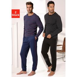 Pyjama AUTHENTIC LE JOGGER, Herren, Gr. 44/46 (S), bunt (schwarz, blau), Jersey, Obermaterial: 100% Baumwolle, gestreift, Basic, bequem lang, Rundhals, abgesteppte Kante, Homewear-Sets Pyjama, Schlafanzug in langer Form mit garngefärbten Streifen, Topseller