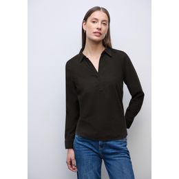 Langarmbluse Street One, Damen, Gr. 40, schwarzest braun, Web, 100% Baumwolle, unifarben, normal normal, V-Ausschnitt, B&uuml;ndchen, Blusen, aus reiner Baumwolle