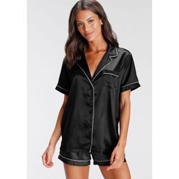 Shorty Bruno Banani, Damen, Gr. 32, schwarz, Satin, Obermaterial: 95% Polyester, 5% Elasthan, bequem, tiefer V-Ausschnitt, paspeliert kontrastfarben, Homewear-Sets Shorty, mit Kontrastpaspel-Details
