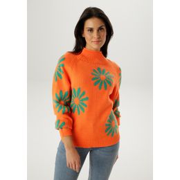 Strickpullover Aniston SELECTED, Damen, Gr. 36, orange, gr&uuml;n, Strick, Obermaterial: 100% Polyacryl, gebl&uuml;mt, gemustert, l&auml;ssig geschnitten h&uuml;ftlang, Rundhals, Raglan&auml;rmel Rippstrickb&uuml;ndchen, Pullover Strickpullover