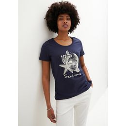 T-Shirt bonprix "T-Shirt Sea Love", Damen, Gr. 40/42 (M), blau (dunkelblau, cremeweiß bedruckt), Obermaterial: 100% Baumwolle, loose fit, Shirts T-Shirt, T-Shirt Sea Love
