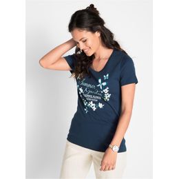 T-Shirt bonprix "Baumwoll Shirt, Kurzarm", Damen, Gr. 56/58 (XXXL), blau (dunkelblau bedruckt), Obermaterial: 100% Baumwolle, tailliert, Shirts T-Shirt, Baumwoll Shirt, Kurzarm