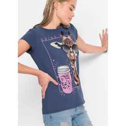 T-Shirt bonprix, Damen, Gr. 40/42 (M), blau (indigo bedruckt), Obermaterial: 100% Baumwolle, loose fit, Shirts T-Shirt, T-Shirt aus reiner Baumwolle