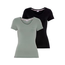 V-Shirt Kangaroos, Damen, Gr. 32/34, gr&uuml;n (gr&uuml;ngrau, schwarz), Rippware, Obermaterial: 100% Baumwolle, kontrastfarbene Details, unifarben, Basic, sehr figurbetont h&uuml;ftbedeckend, V-Ausschnitt, Shirts, Kurzarm, figurbetonter Schnitt, aus Baumwolle, im 2er-Pack, Topseller