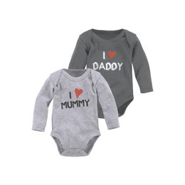 Langarmbody Kidsworld "2er Pack Baby-Bodies, Mummy & Daddy", Jungen, Gr. 62/68, N-Gr, grau (anthrazit, grau), Jersey, Obermaterial: 100% Baumwolle. Obermaterial Melange: 95% Baumwolle, 5% Viskose, bedruckt, Basic, Basic, amerikanischer Ausschnitt, Bodys, aus Bio-Baumwolle