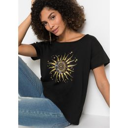 T-Shirt bonprix "Shirt mit Metallic-Druck", Damen, Gr. 40/42 (M), schwarz (schwarz bedruckt), Jersey, Obermaterial: 100% Polyester, bedruckt, loose fit h&uuml;ftbedeckend, Rundhals, Shirts T-Shirt, Shirt mit Metallic-Druck