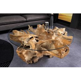Riess Ambiente Runder Couchtisch ROOT 100cm natur Teak Massivholz aus Wurzelholz mit Glasplatte Riess-Ambiente Sofatisch Wohnzimmertisch