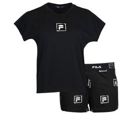 Shorty Fila "WOMAN JERSEY PYJAMAS", Damen, Gr. L, schwarz, Jersey, Obermaterial: 100% Baumwolle, unifarben, regular fit kurz, Rundhals, Homewear-Sets Shorty, mit auffälligem Logodruck, Rundhalsausschnitt