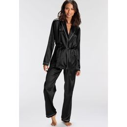 Pyjama Bruno Banani, Damen, Gr. 34, schwarz, Obermaterial: 95% Polyester, 5% Elasthan, bequem, V-Ausschnitt, mit Paspel, Homewear-Sets Pyjama, Satin mit Kontrastpaspel-Details