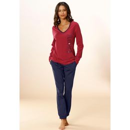 Pyjama Vivance Dreams, Damen, Gr. 32/34, rot (rot, navy), Single Jersey, Graumeliert (Obermaterial): 90% Baumwolle, 10% Polyester. Obermaterial: 100% Baumwolle, bedruckt, Basic, bequem lang, V-Ausschnitt, eingesetzt, Homewear-Sets Pyjama, mit seitlichem Frontdruck