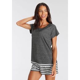 Shorty Vivance Dreams, Damen, Gr. 32/34, schwarz (schwarz geringelt), Single Jersey, Obermaterial: 50% Baumwolle, 50% Polyester, Basic kurz, Rundhals, Raglan&auml;rmel, Homewear-Sets Shorty, mit Streifen-Details