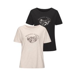 Vivance Damen T-Shirt &raquo;mit schimmerndem Frontprint&laquo; 2er-Pack, aus weicher Baumwoll-Qualit&auml;t schwarz 32/34
