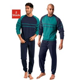 Pyjama Le Jogger "Schlafanzug für Herren im Doppelpack", Herren, Gr. 44/46 (S), bunt (grün, marine), Jersey, Obermaterial: 100% Baumwolle, unifarben, Basic, lang, Rundhals, Raglanärmel angesetztes Bündchen, Homewear-Sets Pyjama, in langer Form mit aufgesetzten Streifen, Topseller