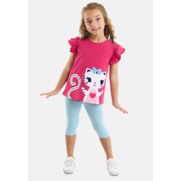 Hausanzug DENOKIDS "Cat Frilled", Jungen, Gr. 98, pink, 95% Baumwolle, 5% Elasthan, bedruckt, regular fit kniebedeckend, Rundhals, Rüschen, Homewear-Sets Hausanzug, mit Rüschen an den Schultern