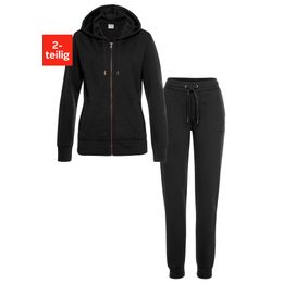 Loungeanzug BENCH. LOUNGEWEAR, Damen, Gr. 32/34, schwarz, Obermaterial: 60% Baumwolle, 40% Polyester, unifarben, Basic, bequem kn&ouml;chellang, Rippb&uuml;ndchen, Homewear-Sets, mit goldenem Logomotiv