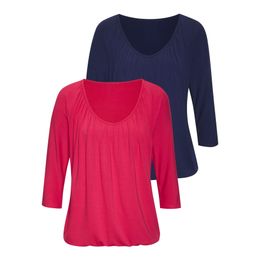 3/4-Arm-Shirt Lascana "mit zarter Raffung am Ausschnitt", Damen, Gr. 32/34, pink (pink, navy), Jersey, Obermaterial: 95% Viskose (LENZING™ ECOVERO™), 5% Elasthan, unifarben, Basic, figurumspielend normal, V-Ausschnitt, angeschnitten, Shirts 3/4-Arm-Shirt, aus weichem Viskose-Stretch