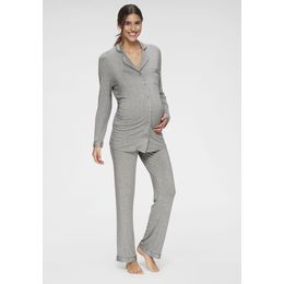 Umstandspyjama Lascana, Damen, Gr. 32/34, grau, Single Jersey, Obermaterial: 95% Viskose, 5% Elasthan, meliert, sehr bequem lang, V-Ausschnitt, eingesetzt Manschette, Homewear-Sets, mit Knopfleiste und Raffung an der Seitennaht
