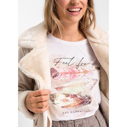 T-Shirt bonprix, Damen, Gr. 36/38 (S), weiß (weiß bedruckt), Obermaterial: 65% Polyester, 35% Viskose, slim fit, Shirts T-Shirt