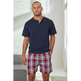 H.I.S. Pyjama H.I.S, Herren, Gr. 60/62 (XXL), bunt (marine, bordeaux), Jersey, Obermaterial: 100% Baumwolle, kariert, Basic, bequem kurz, Rundhals, abgesteppte Kante, Homewear-Sets Pyjama, Schlafanzug mit Webshorts