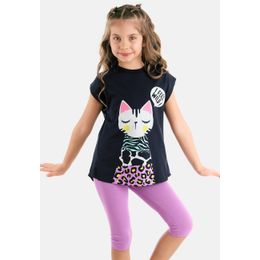 Hausanzug DENOKIDS "Jungle Cat", Jungen, Gr. 122, blau (dunkelblau), 95% Baumwolle, 5% Elasthan, bedruckt, regular fit kniebedeckend, Rundhals, gerader Abschluss, Homewear-Sets Hausanzug, mit Katzen-Print