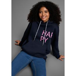 Hoodie Laura Scott, Damen, Gr. 44/46, navy blau, multicolorot prints, angeraute Sweatware, Obermaterial: 70% Baumwolle, 30% Polyester. B&uuml;ndchen: 98% Baumwolle, 2% Elasthan. Kapuzenfutter: 100% Baumwolle, oversize h&uuml;ftbedeckend, Rippb&uuml;ndchen, Sweatshirts Hoodie, Kapuze, Rundum-Prints und K&auml;ngurutasche f&uuml;r l&auml;ssige Looks