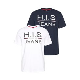 H.I.S. Rundhalsshirt H.I.S, Herren, Gr. M (48/50), blau (marine, wei&szlig;), Single Jersey, Obermaterial: 100% Baumwolle, bedruckt, schmal, Rundhals, Shirts Rundhalsshirt, schmal geschnitten, bedrucktes Design, Rundhals, aus Baumwolle
