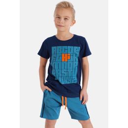 Hausanzug DENOKIDS "Alphabet", Jungen, Gr. 128, blau (dunkelblau), 95% Baumwolle, 5% Elasthan, bedruckt, kurz, Rundhals, gerader Abschluss, Homewear-Sets Hausanzug, mit Alphabet-Print