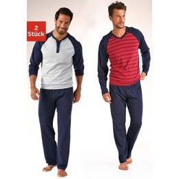 Le Jogger Pyjama Packung, 2 Stück, 4 tlg. in langer Form, mit Raglanärmeln grau-meliert, rot 44/46 44/46 Lange Pyjamas im 2er-Pack für Herren