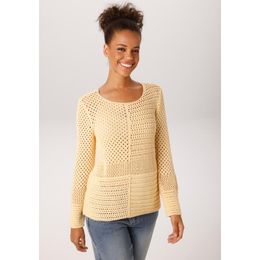 Aniston CASUAL Rundhalspullover mit trendig gemixten Ajour-Mustern gelb 44 44 Damenpullover aus weicher Naturfaser - Reine Baumwolle