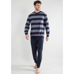 G&ouml;tzburg G&Ouml;TZBURG Pyjama &raquo;Red Label&laquo; 2 tlg. Langarm, Rundhalsausschnitt, lange Hose, Baumwolle, weich blau-dunkel-Ringel 48S 48S Herren Pyjama von G&ouml;tzburg