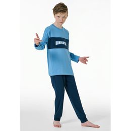 Schiesser Schlafanzug &raquo;Nightwear&laquo; 2 tlg. mit color-block Oberteil hellblau 140 140 Langer Jungenschlafanzug von Schiesser