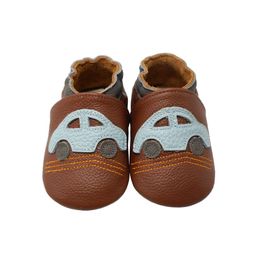 Yalion Babyschuhe aus Leder mit rutschfester Sohle – Braun mit Auto-Muster | Gr.: 22/23